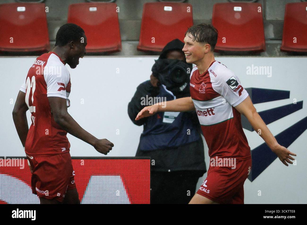Essevee's Thomas Claes celebrates after scoring during a soccer match ...
