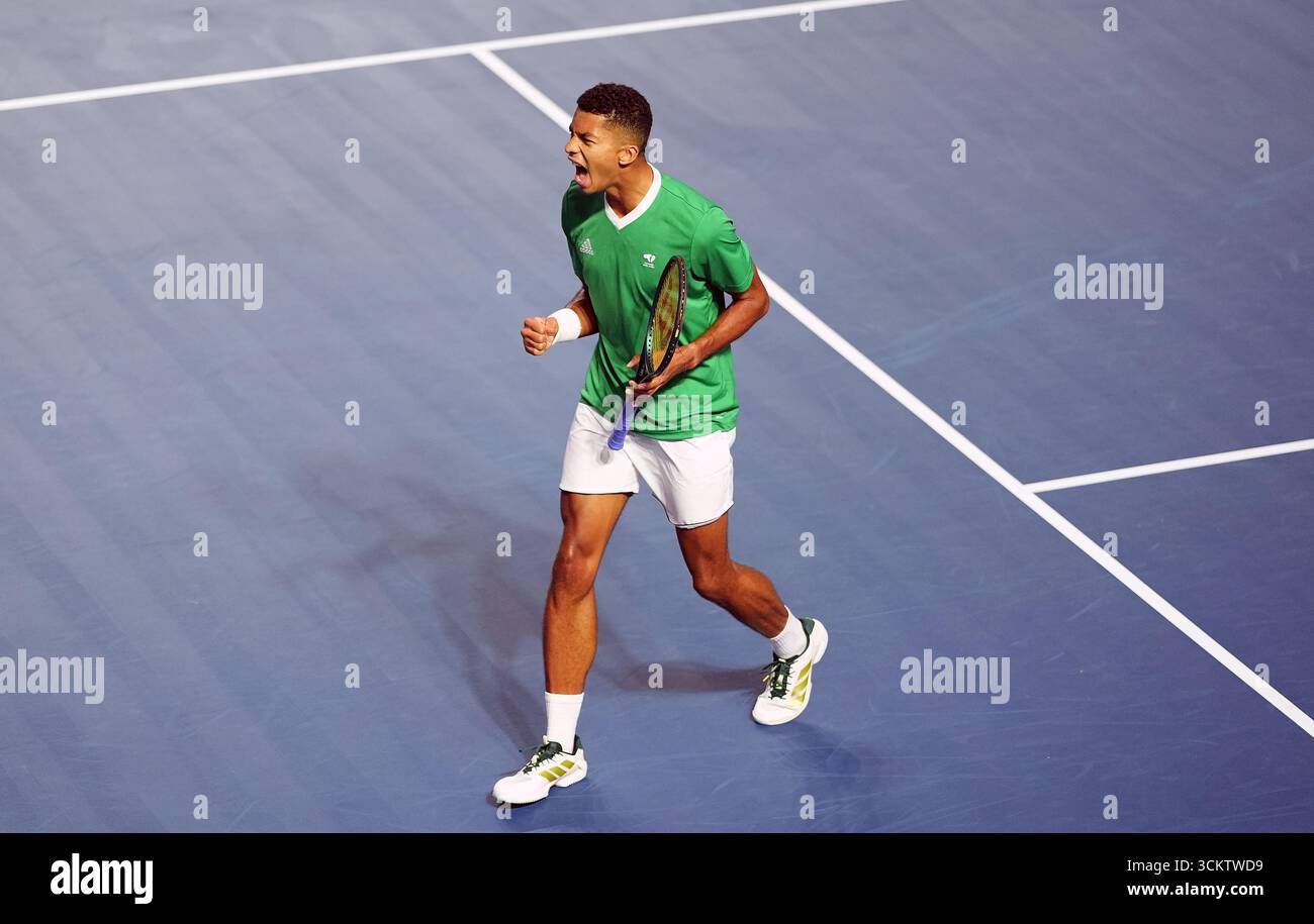 Michael Agwi of Ireland reacts during his match against Zhou Yi of ...