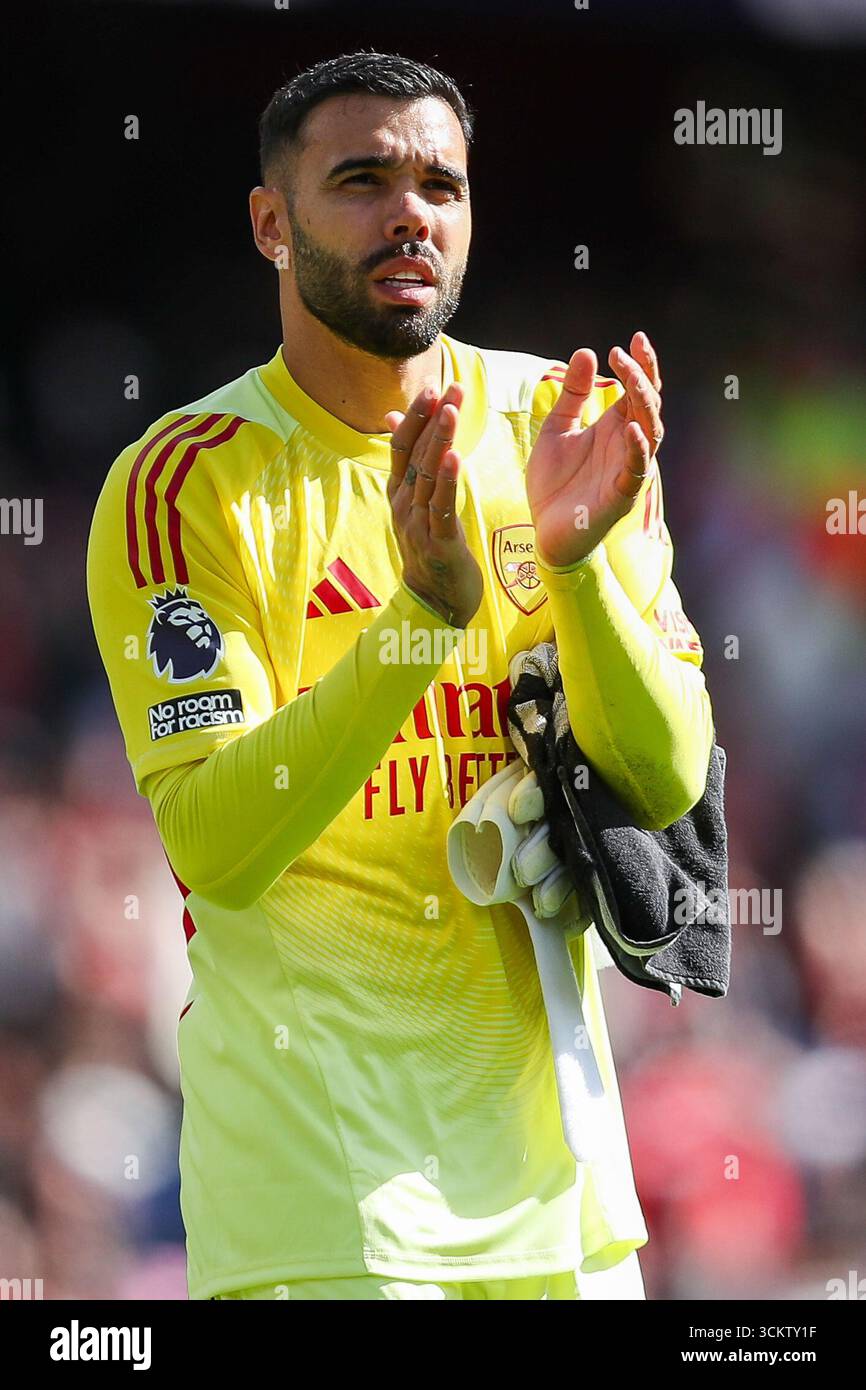 David Raya of Arsenal acknowledges the fans after the teams victory ...