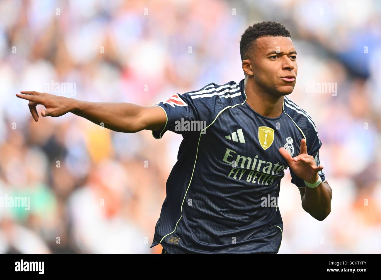 Real Madrid's Kylian Mbappe celebrates after scoring his side's opening ...