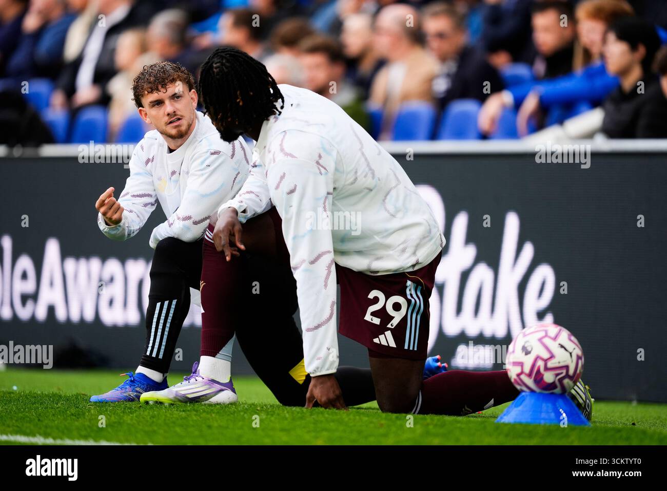 Aston Villa's Harvey Elliott (left) during the Premier League match at ...