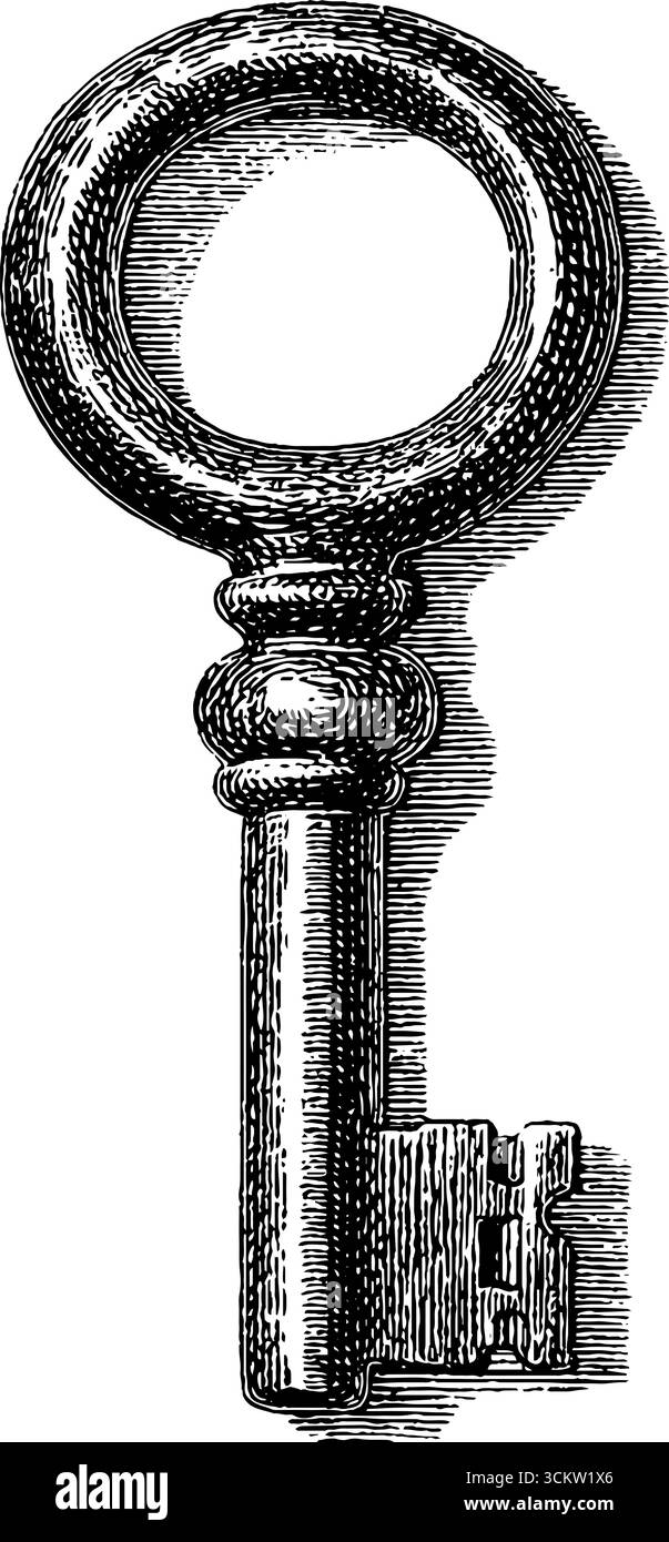 Antique key in scroll design with vintage engraving and pencil style ...