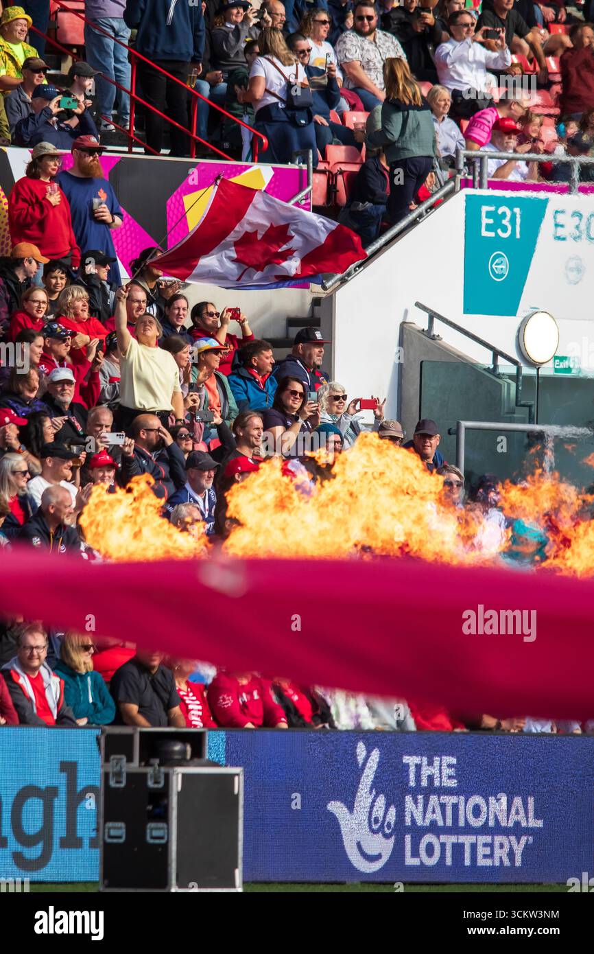 Bristol, UK, 13th September 2025 A rugby support waves a flag, showing ...