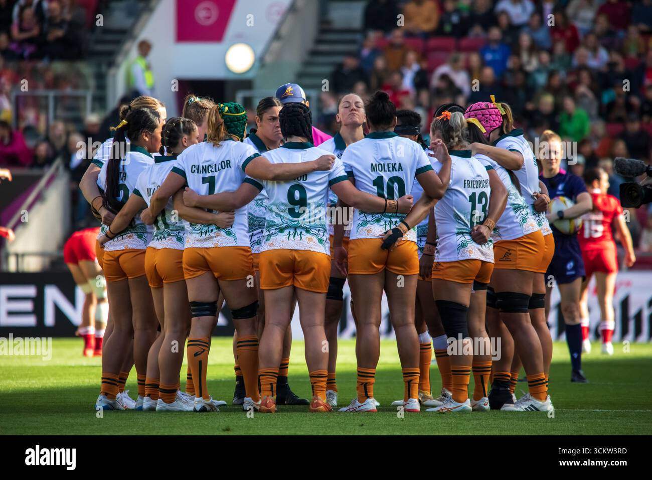 Bristol, UK, 13th September 2025 Australia huddle before Quarter Final ...