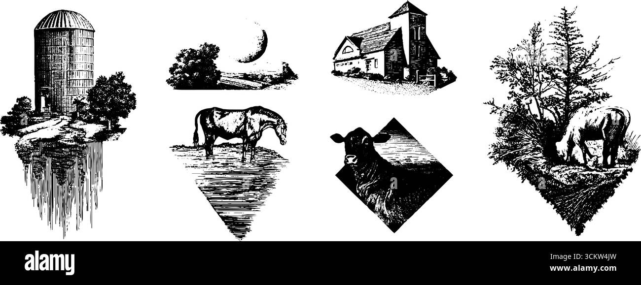 Rustic countryside elements with farm animals and landscape designs ...