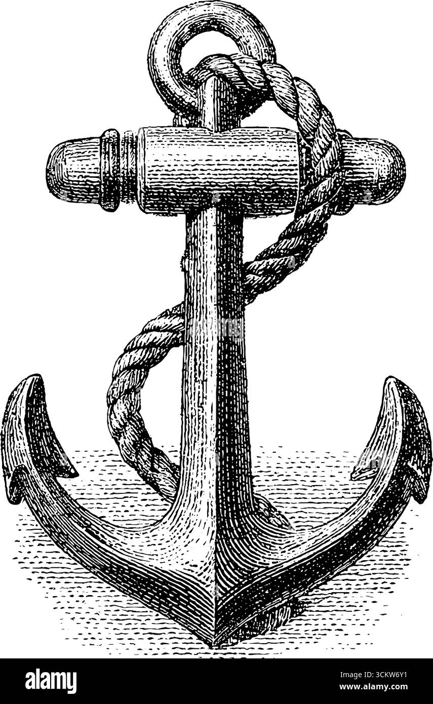 Vintage nautical anchor with rope in engraving style for design and ...