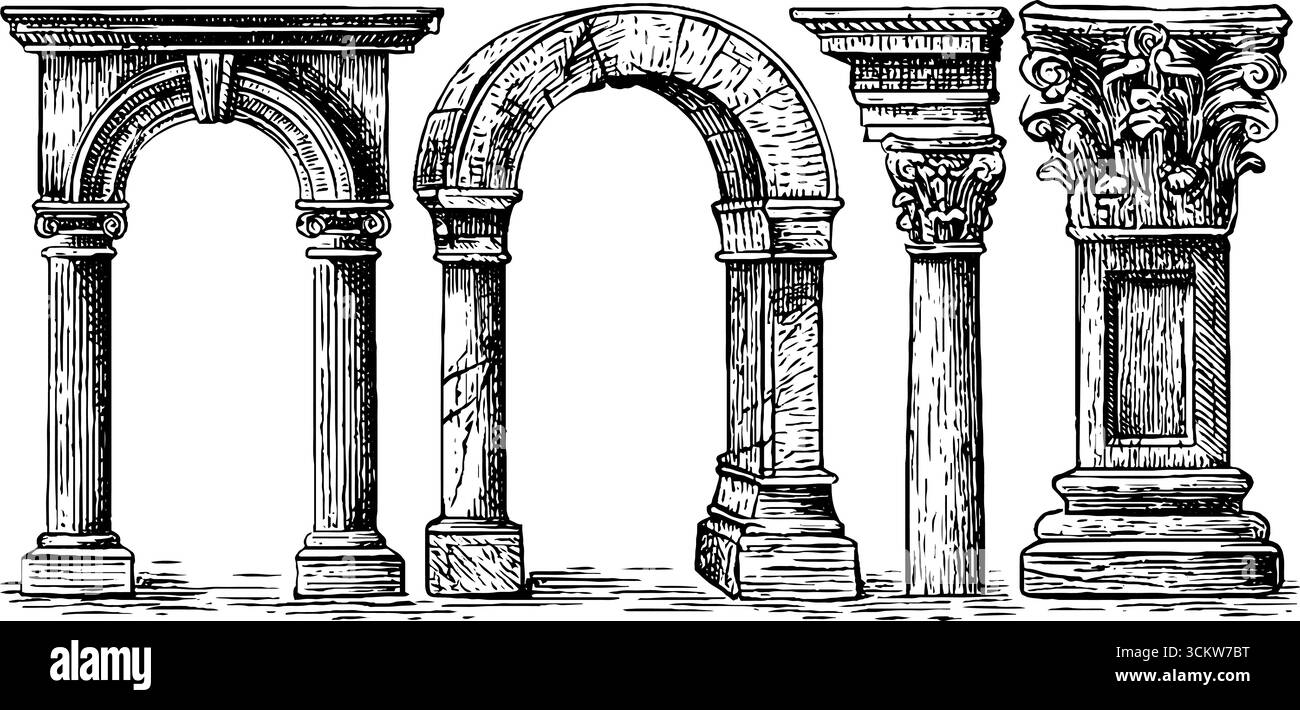Architectural elements: arched door frames and column capitals for ...