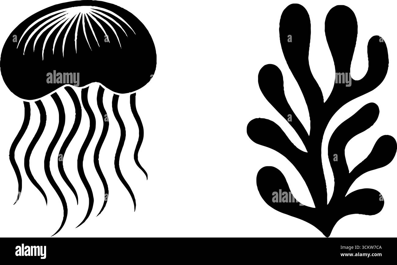 Minimalist marine life design with jellyfish and seaweed elements Stock ...