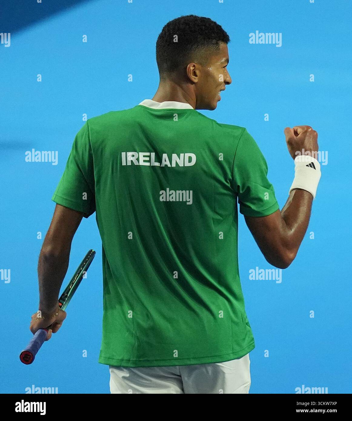 Michael Agwi of Ireland reacts during his match against Zhou Yi of ...