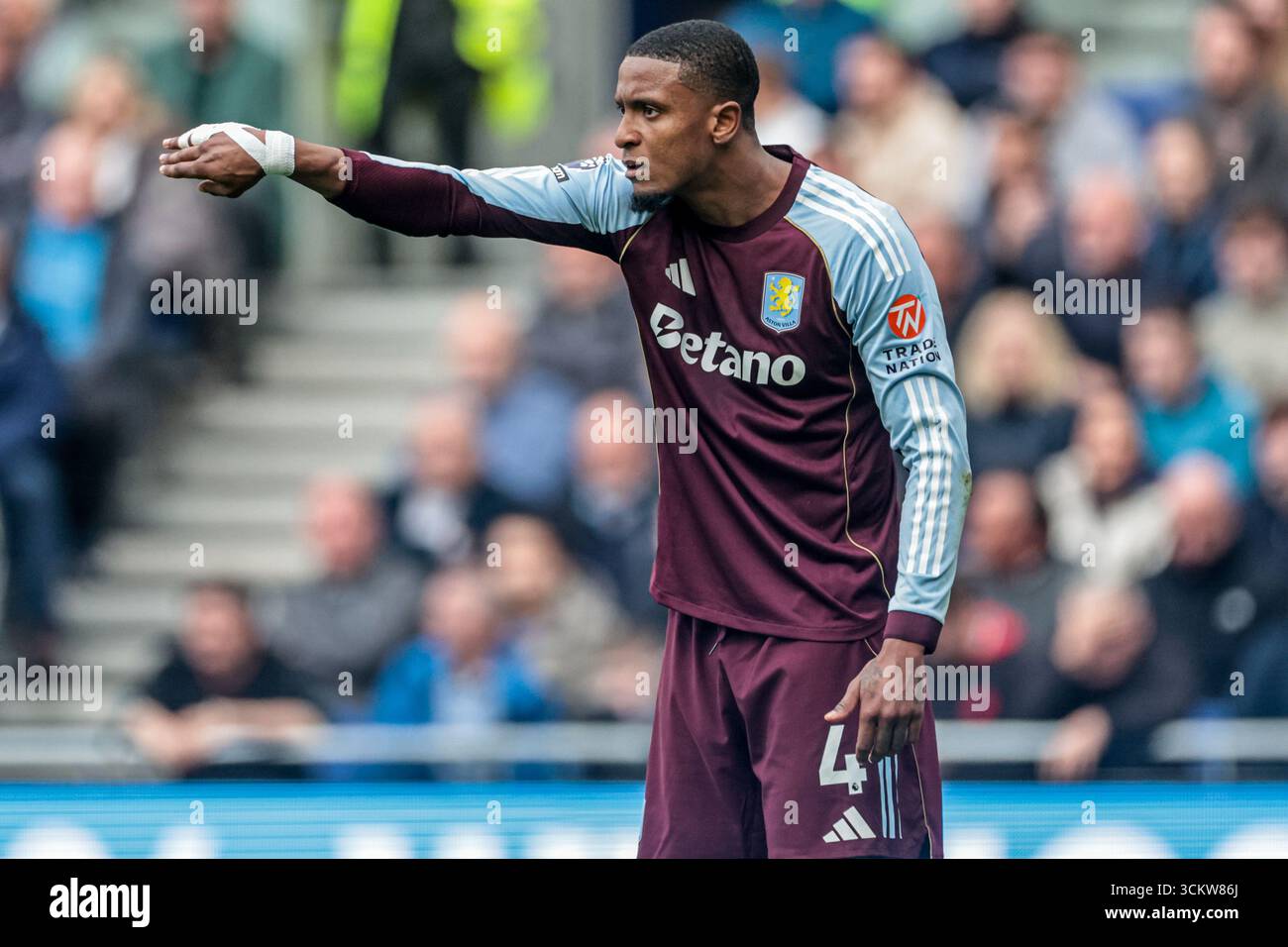 Ezri Konsa of Aston Villa gives instructions during the Premier League ...