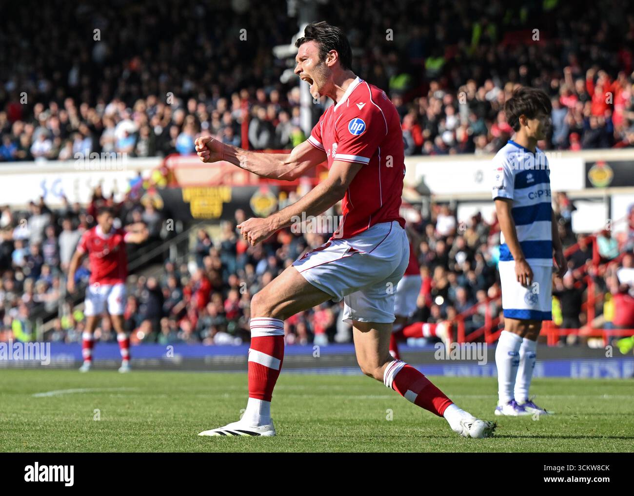 Wrexham's Kieffer Moore celebrates scoring his team's first goal during ...