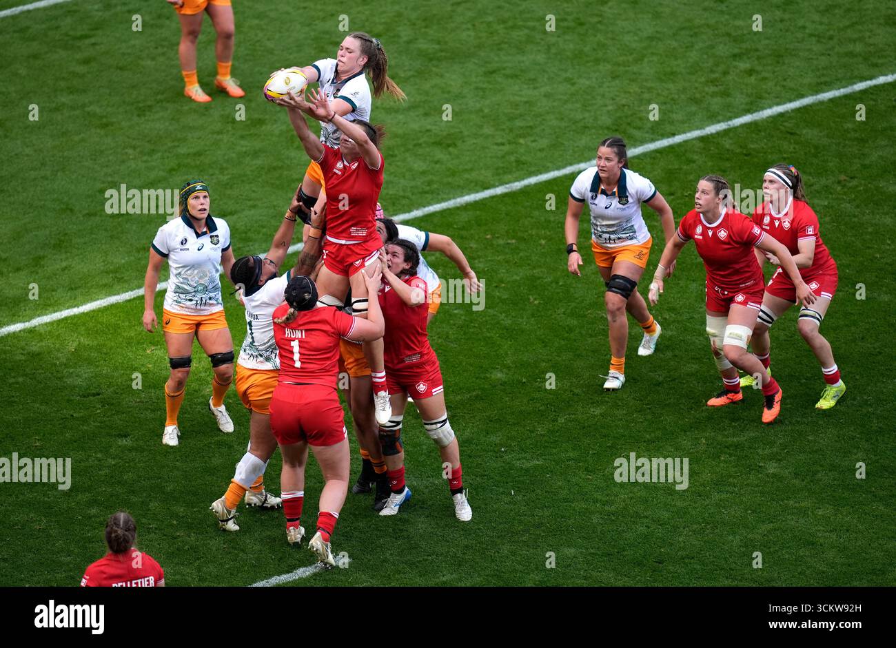 Australia's Kaitlan Leaney wins a line-out during the Women's Rugby ...