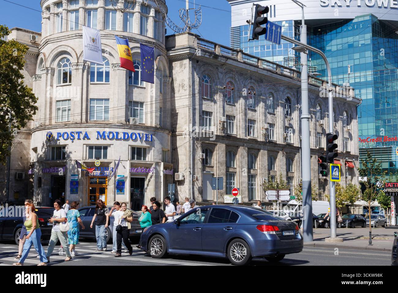 Street view of Chisinau with Posta Moldovei building and modern skyline ...