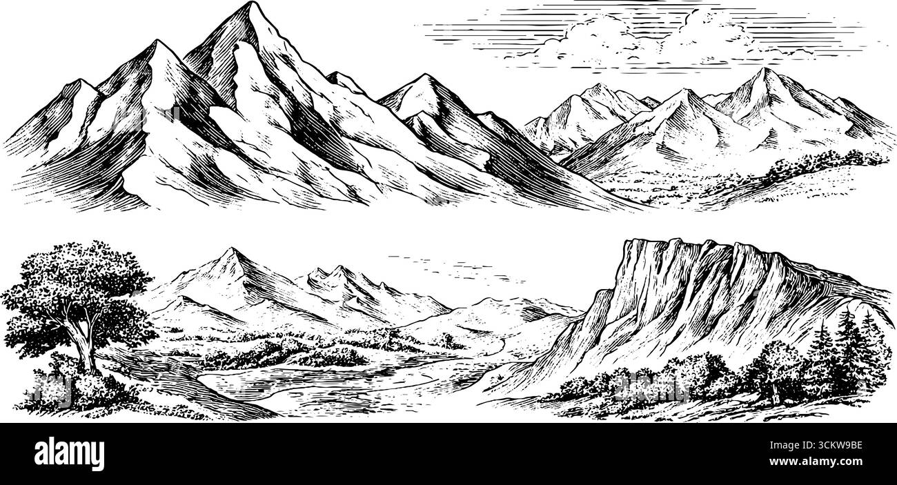 Scenic layered mountain range at sunset for nature and landscape design ...
