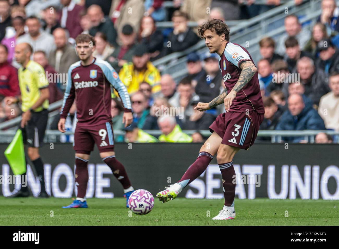 Victor Lindelof of Aston Villa passes the ball during the Premier ...