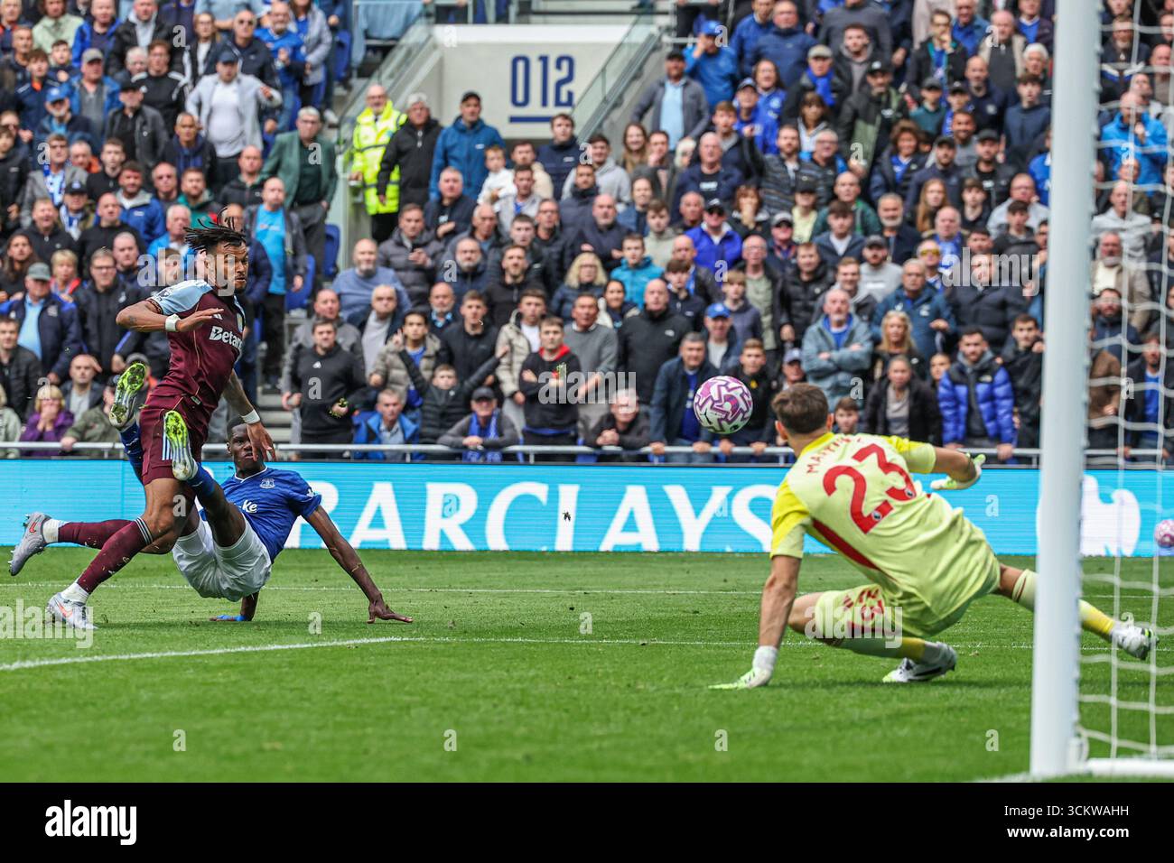 Tyrone Mings of Aston Villa blocks the shot during the Premier League ...