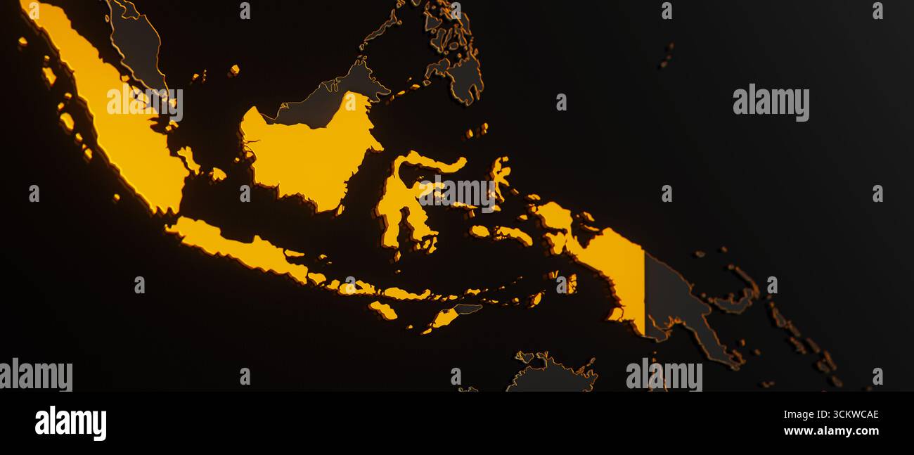 Golden Indonesia 3d map surrounded with other countries in black with ...