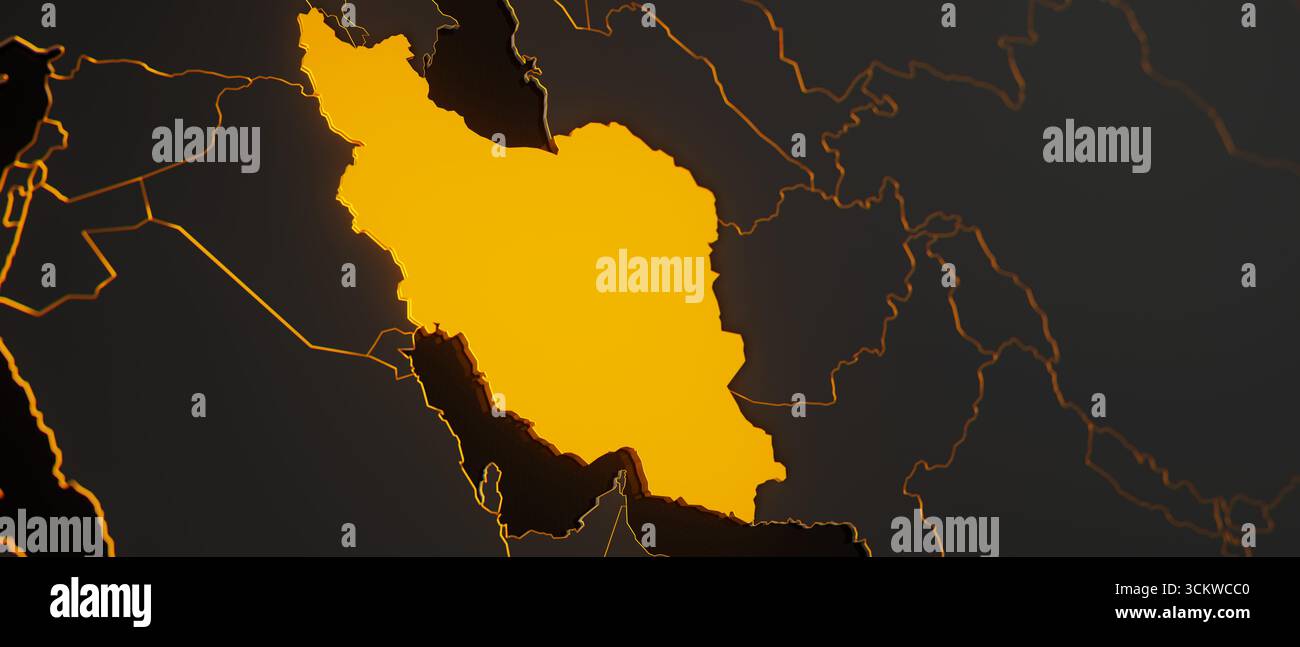 Golden Iran 3d map surrounded with other countries in black with golden ...