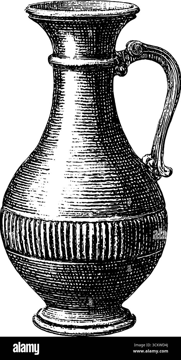 Vintage clay jug in engraving and pencil sketch style for artistic ...