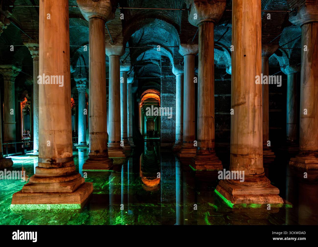 Interior view of the Basilica Cistern with illuminated columns and ...