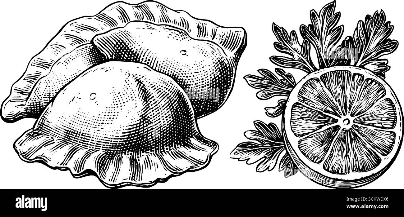 Traditional pierogi set with parsley and lemon slice for culinary ...