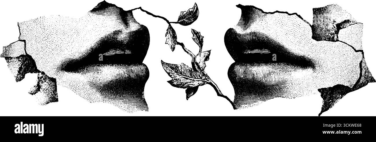 Vintage engraving of lips with cracked clay texture and leaves Stock ...