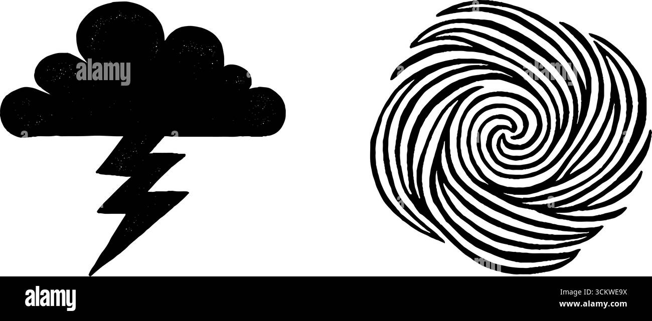 Elements of storm: cloud, lightning bolt, and wind swirl for weather ...