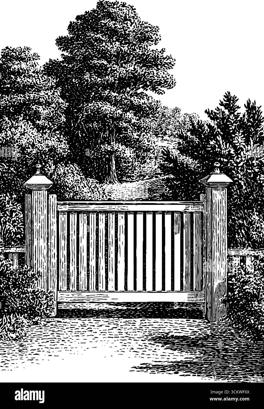 Vintage farm gate with produce sign in classic engraving style Stock ...