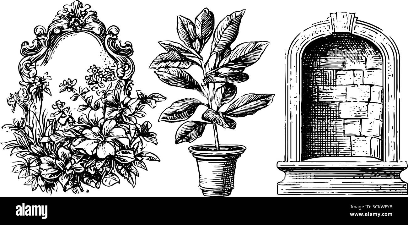Rococo mirror frame with romanesque interior elements and botanical ...