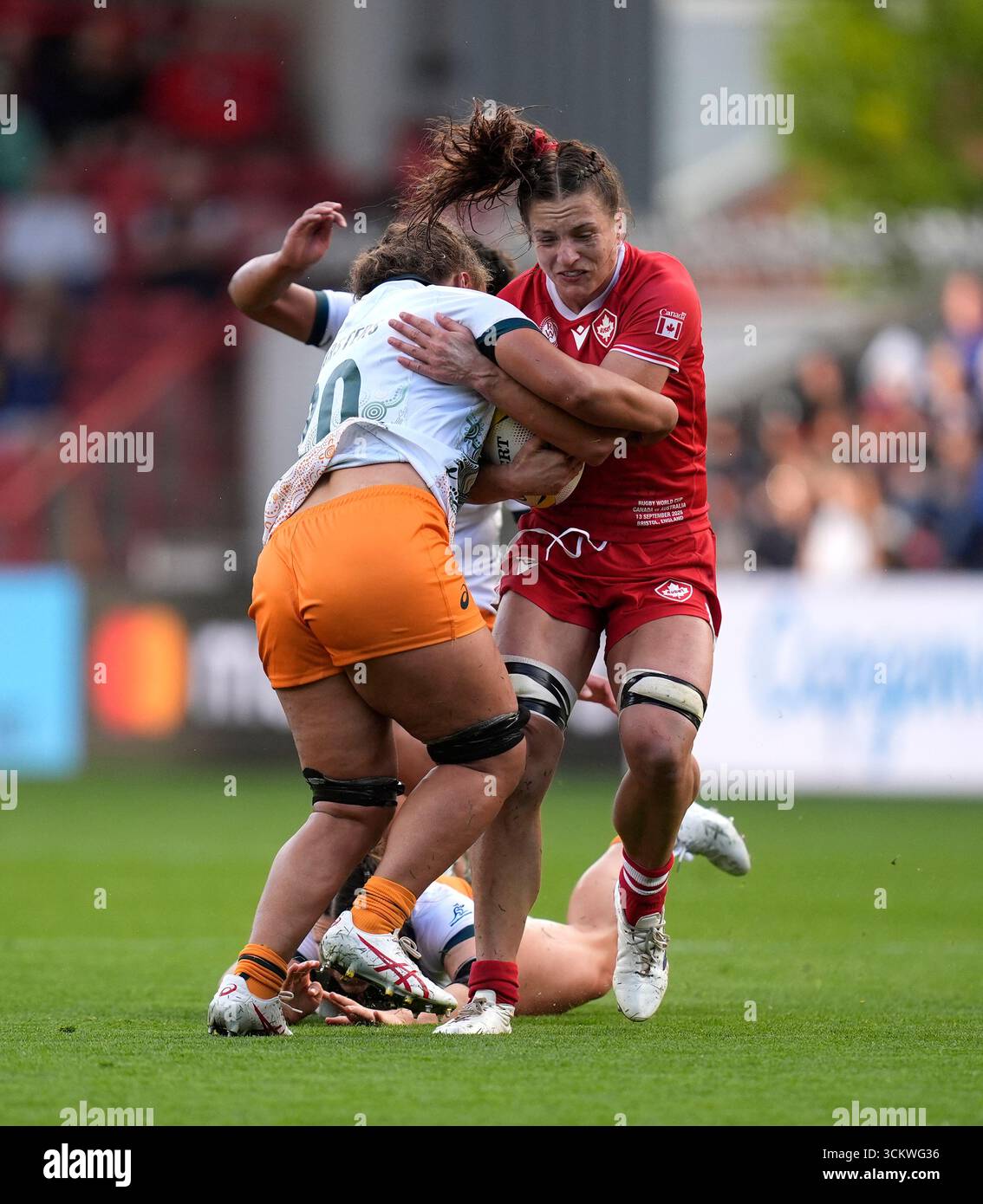 Canada's Caroline Crossley (right) is tackled by Australia's Ashley ...