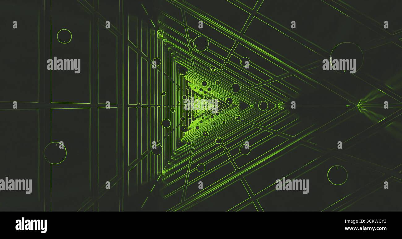 The view looks upward through a striking triangular structure. Neon ...