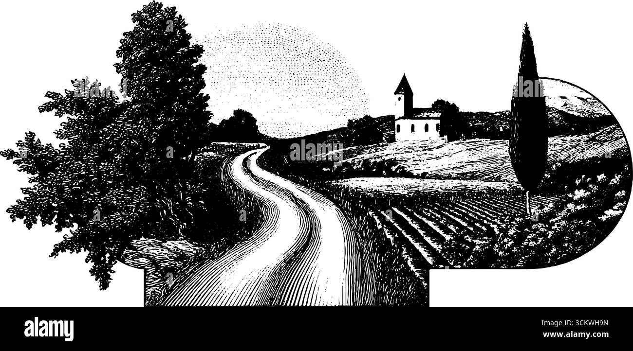 Medieval border with vintage engraving style, scenic rural landscape ...