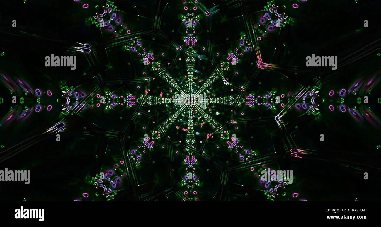 A complex kaleidoscope pattern displays bright colors and intricate ...