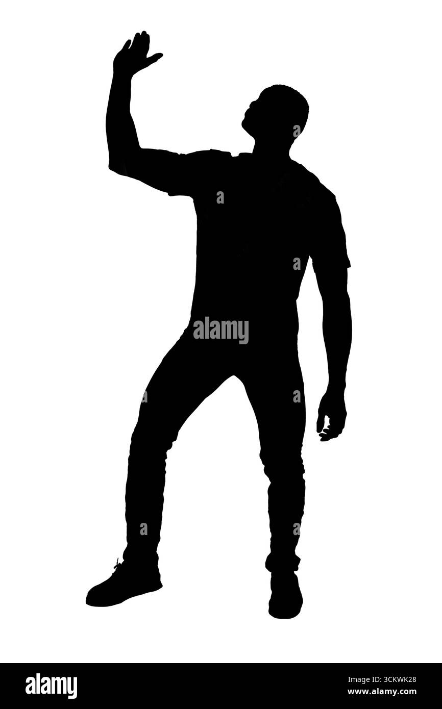 silhouette of front view of a man pressing up with one hand on white ...