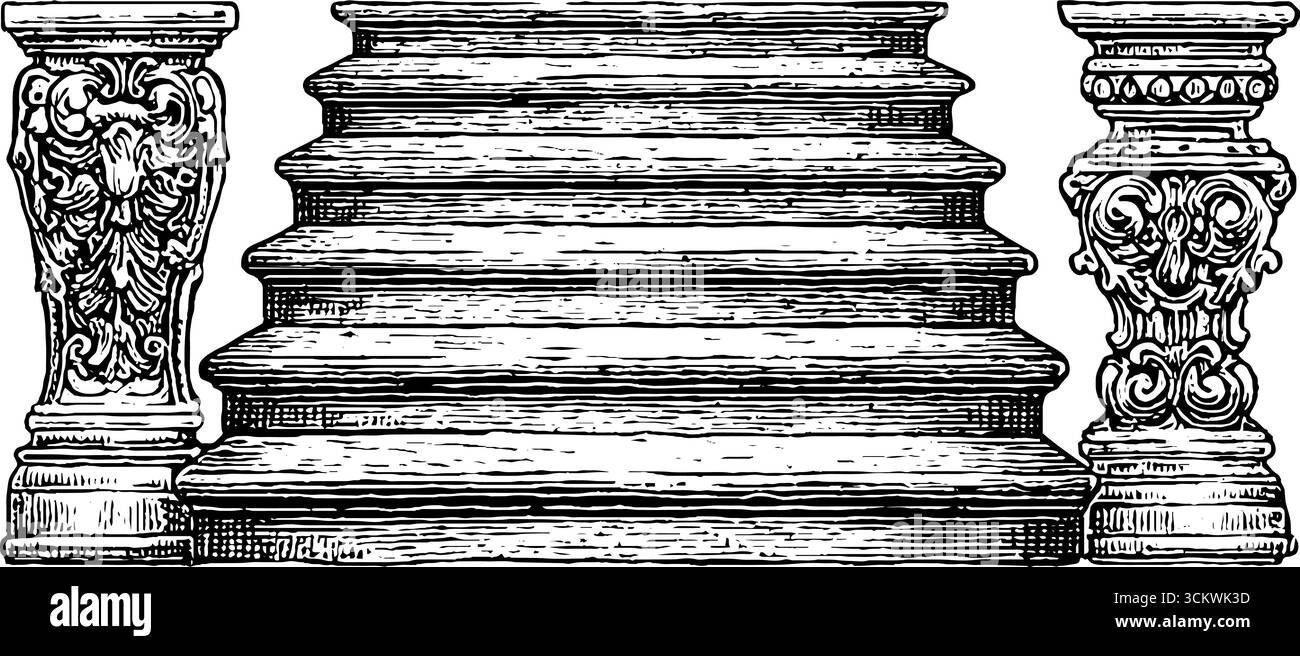 Detailed functionalist staircase and decorative columns design for ...