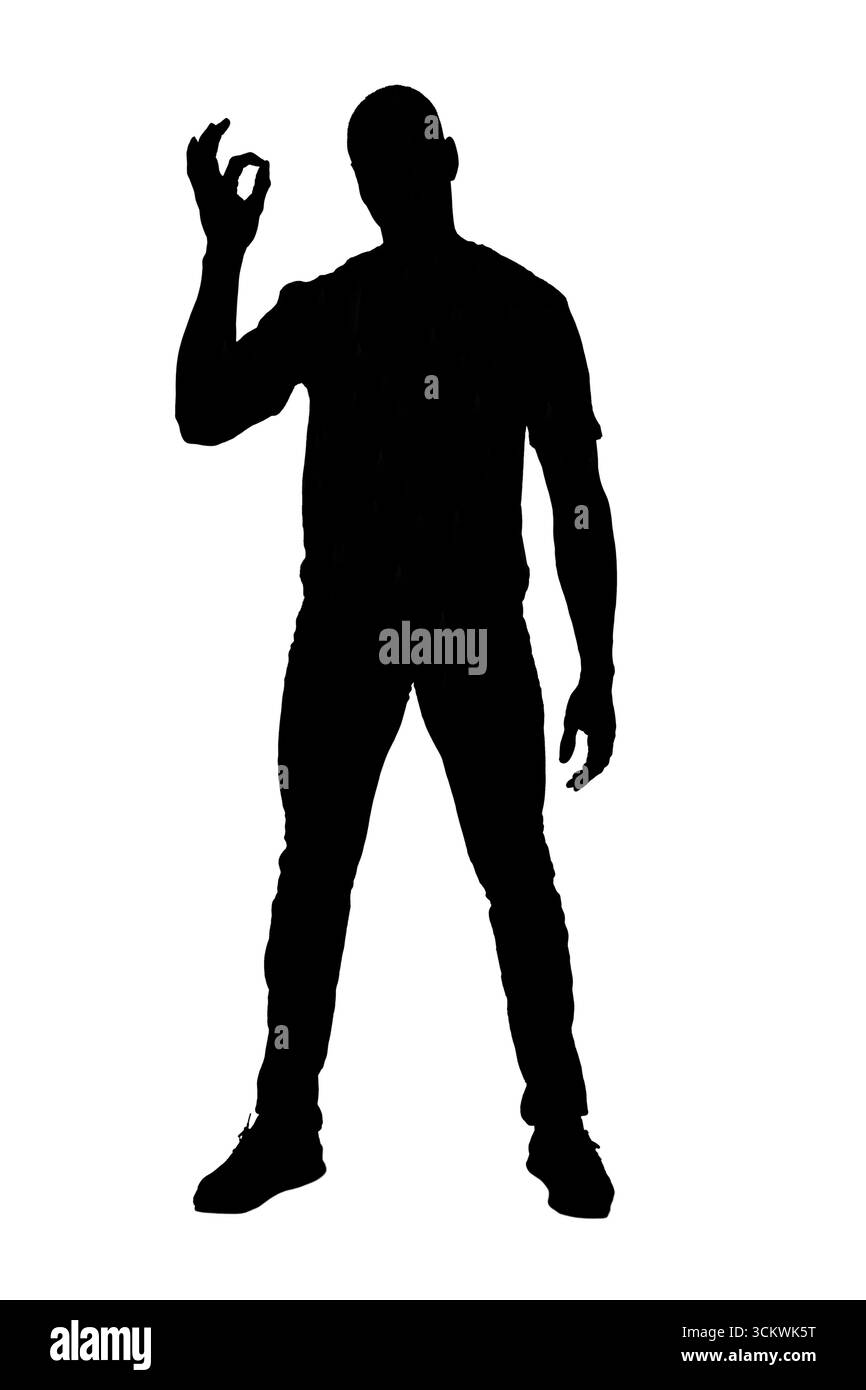 front view of man showing the OK sign with his hand on white background ...