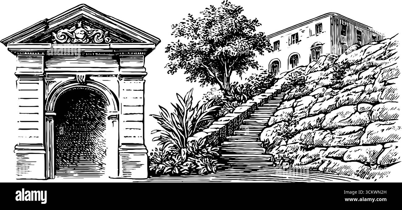 Architectural sketch of archway and cross sectional wall with stairs ...