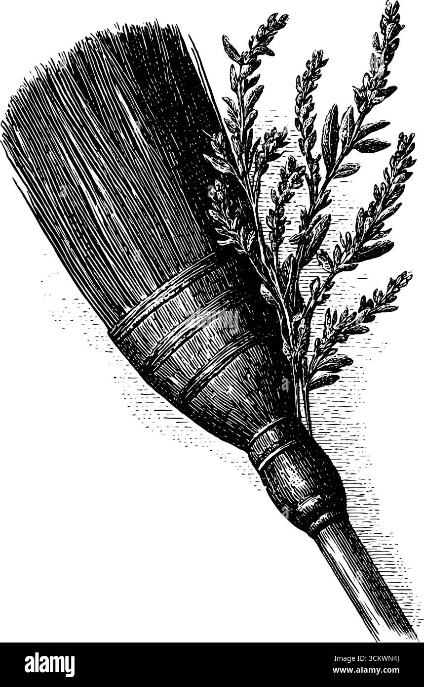 Vintage hand broom with foliage in engraving and pencil sketch style ...