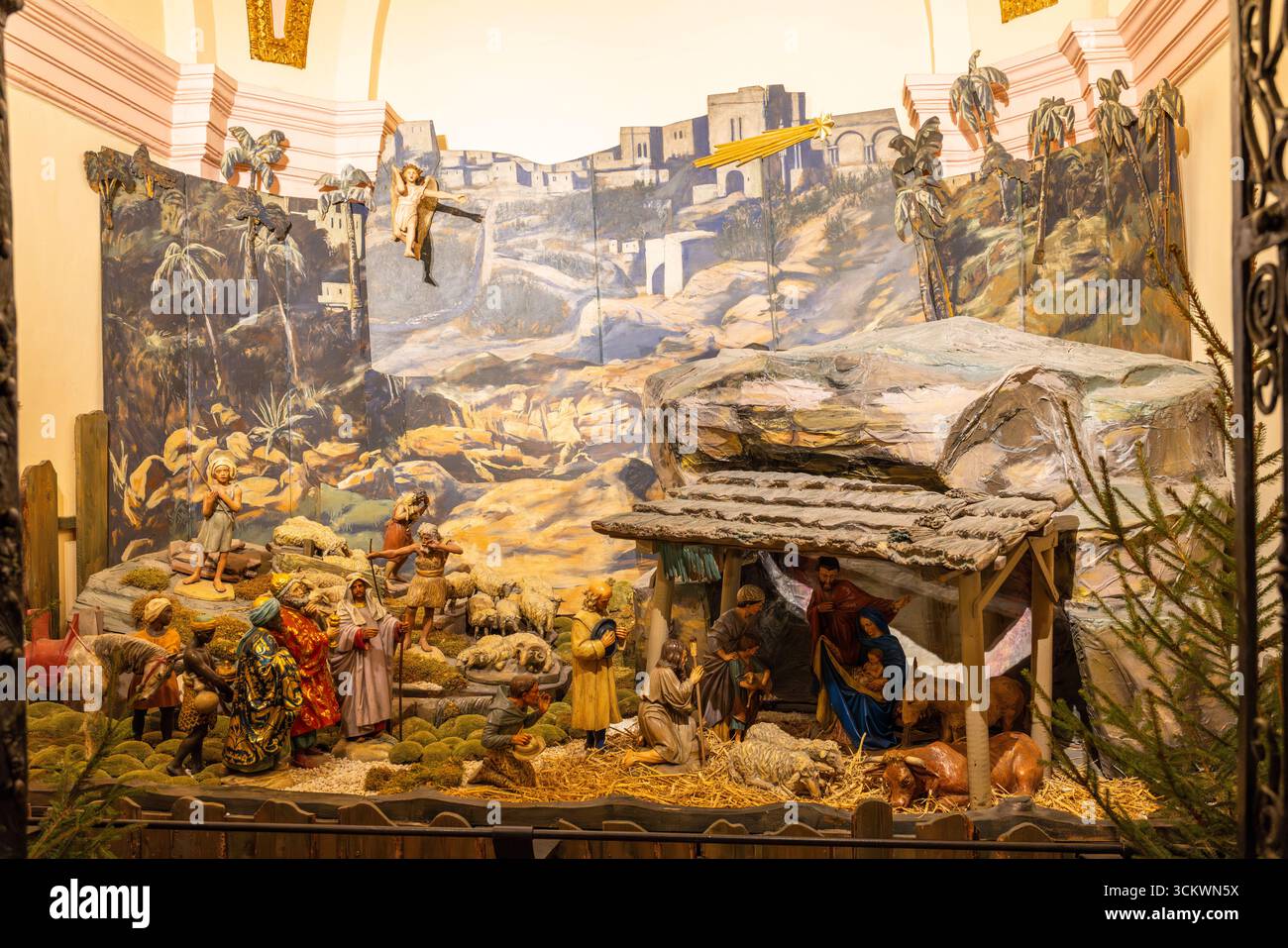 Traditional Christmas crib showing baby Jesus, Mary, Joseph, shepherds ...