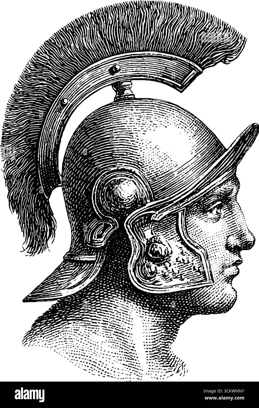 Vintage engraving style profile of a knight helmet for historical ...
