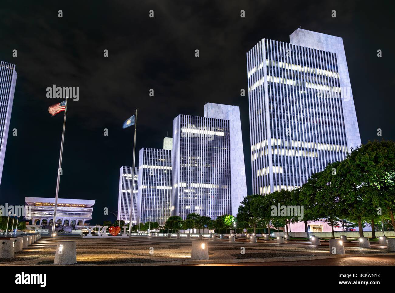 Albany, USA - May 25, 2025: A night view of the illuminated Empire ...