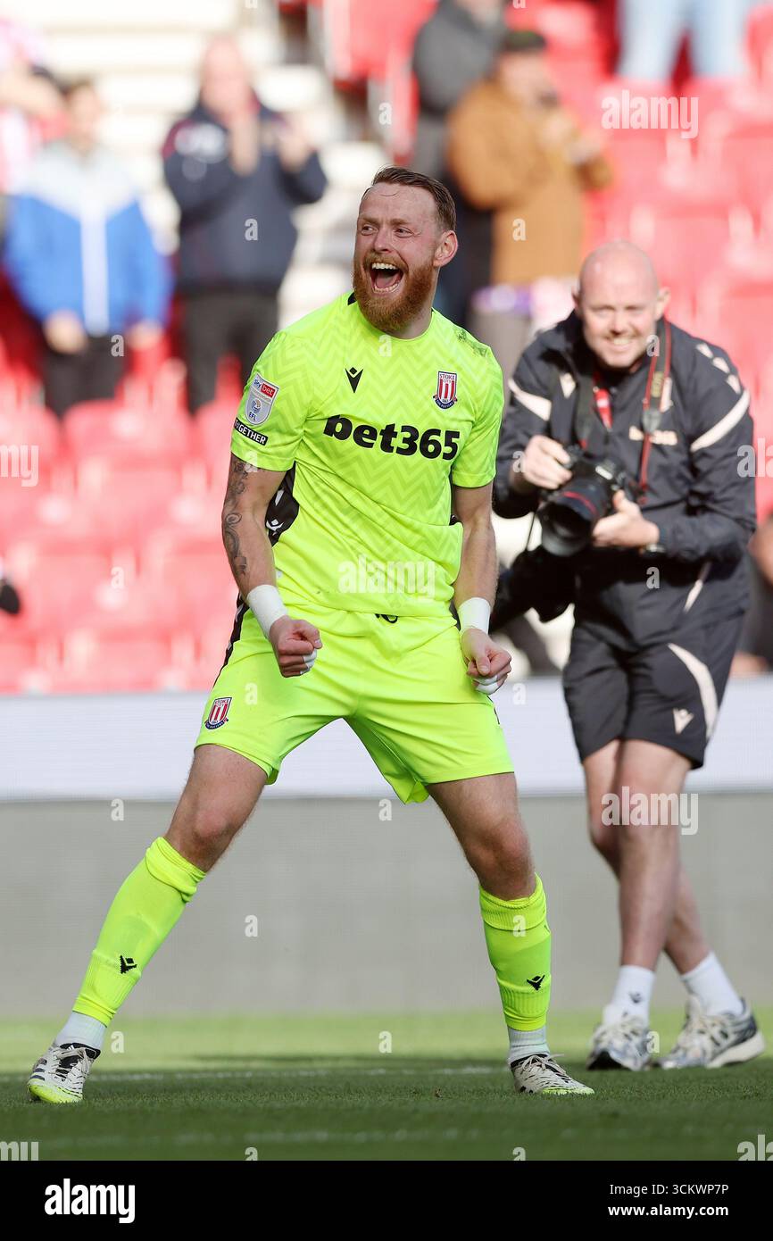 Stoke City goalkeeper Viktor Johansson celebrates keeping a clean sheet ...