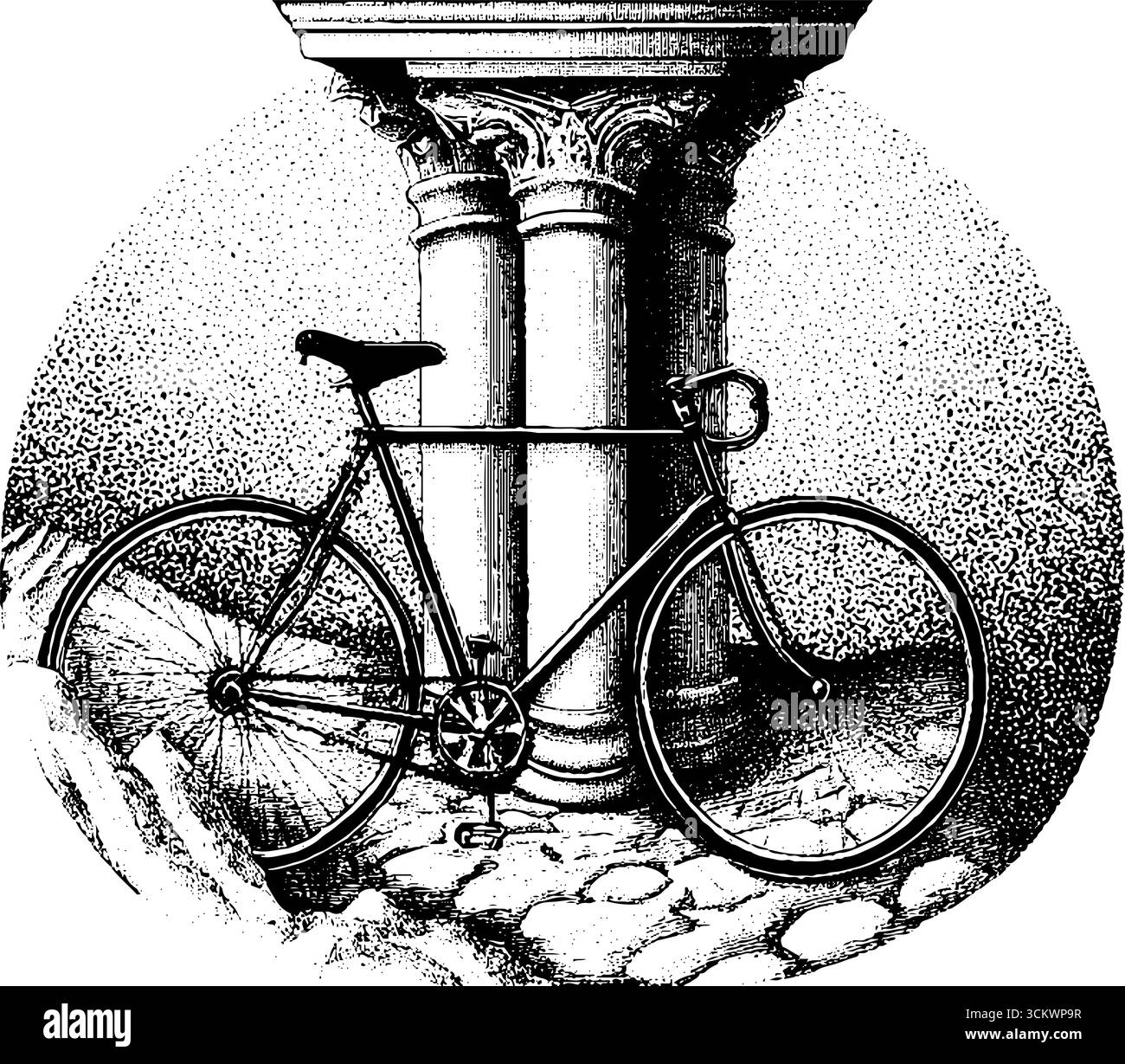 Vintage bicycle on cobblestone road with dotwork design for tattoo art ...