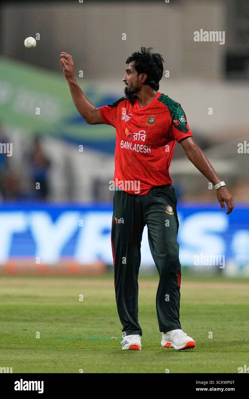 Bangladesh's Tanzim Hasan Sakib collects the ball as he prepares to ...