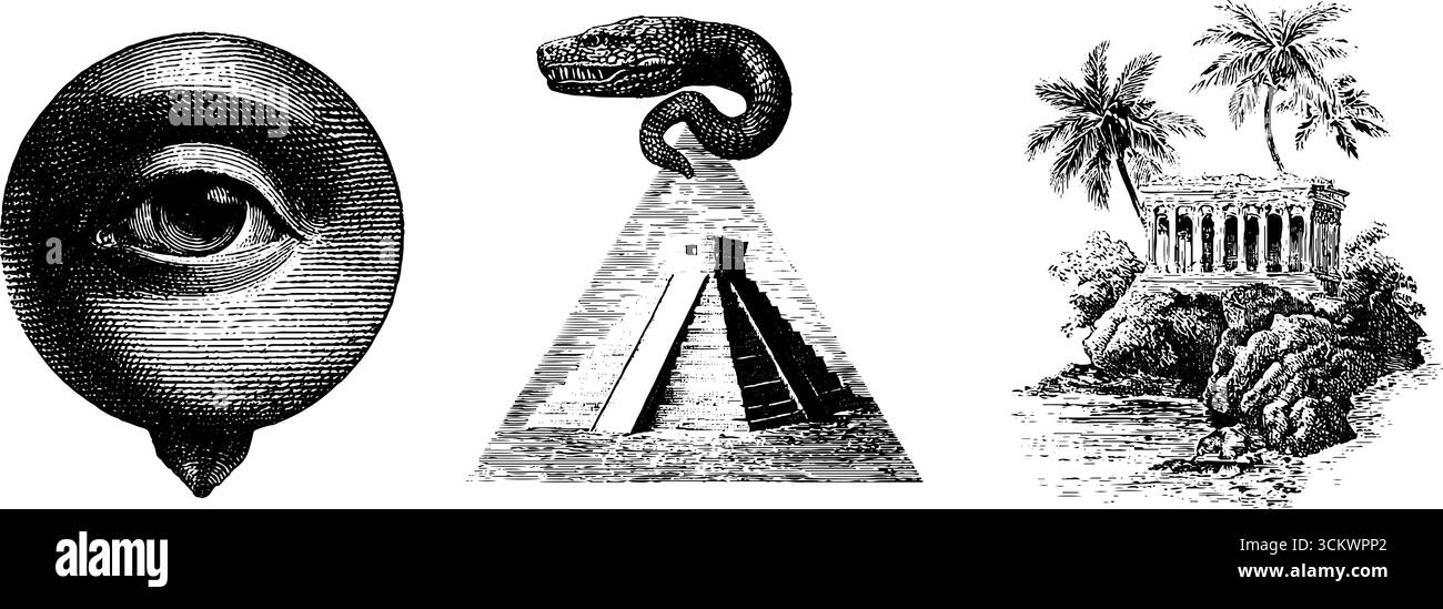 Ancient mayan symbols with pyramid, serpent, and eye in black and white ...