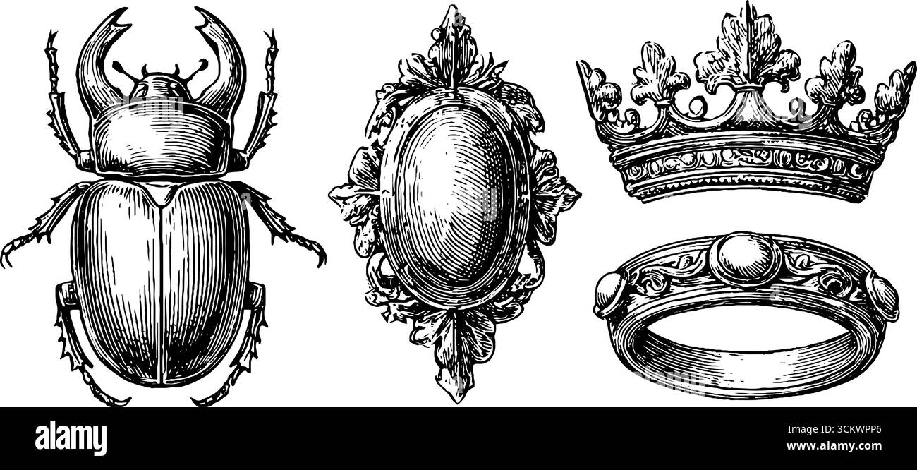 Collection of ancient egyptian scarab amulet and renaissance jewelry ...