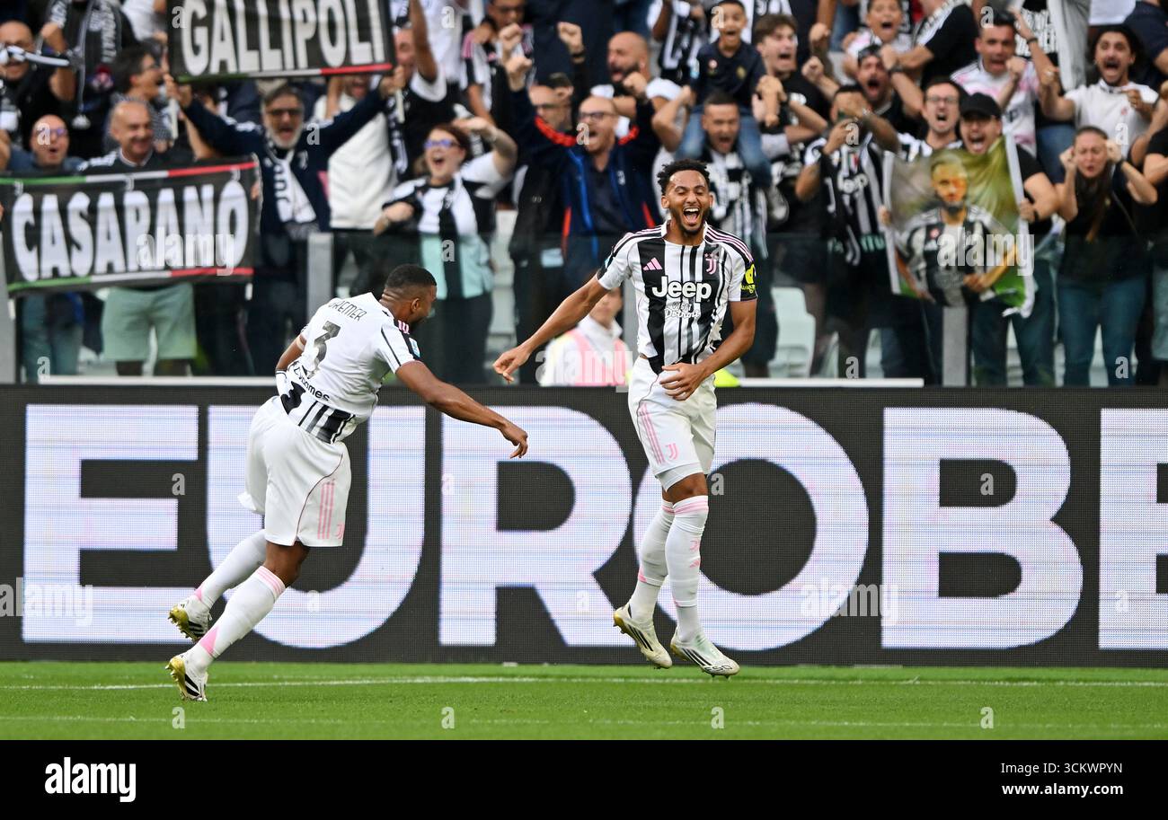 Lloyd Kelly of Juventus FC (L) celebrates goal with teammate Gleison ...
