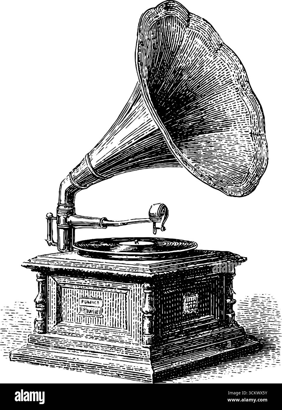 Vintage phonograph with engraving and pencil sketch style for retro art ...