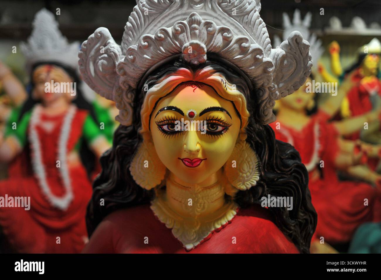 View of Colourful clay idols of Goddess Durga ahead of Durga Puja, the biggest Hindu festival ...