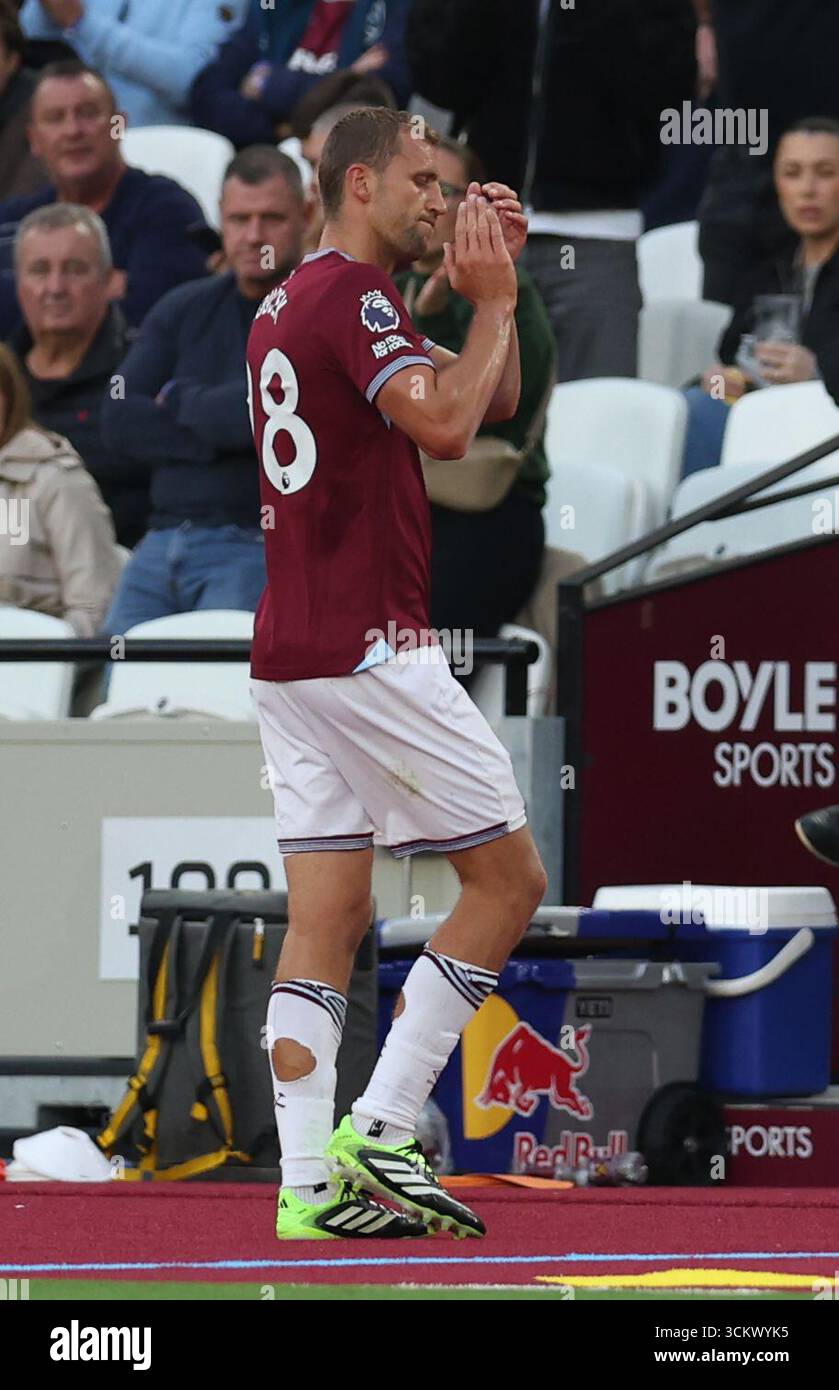 West Ham United's Tomas Soucek leaves the game after being shown a red ...